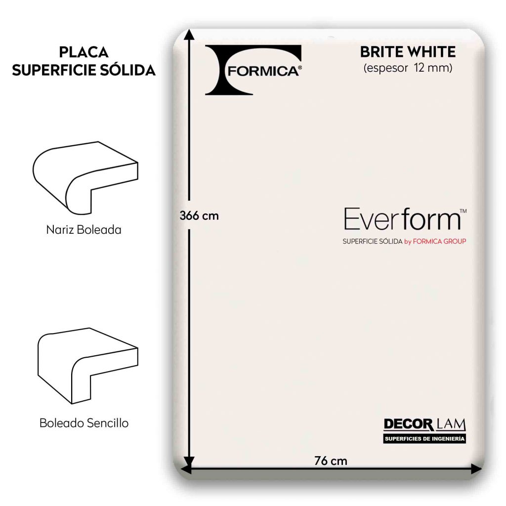 Formica® Placa Superficie Sólida Everform™Mod. 109 Brite White .76 X 3. ...