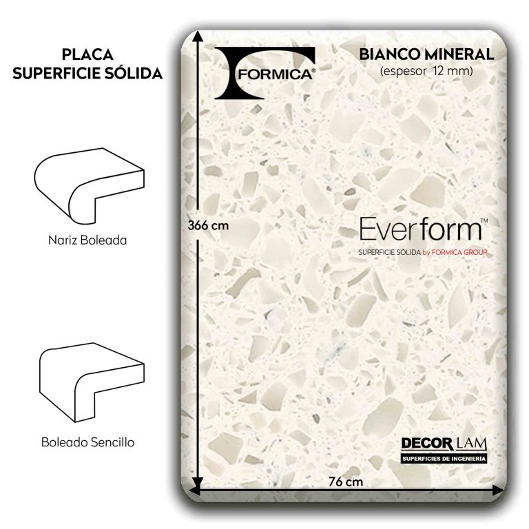 Formica® Placa de Superficie Sólida Everform™ Mod.758 Bianco Mineral .76 X 3.66 mts. Espesor 12 ...